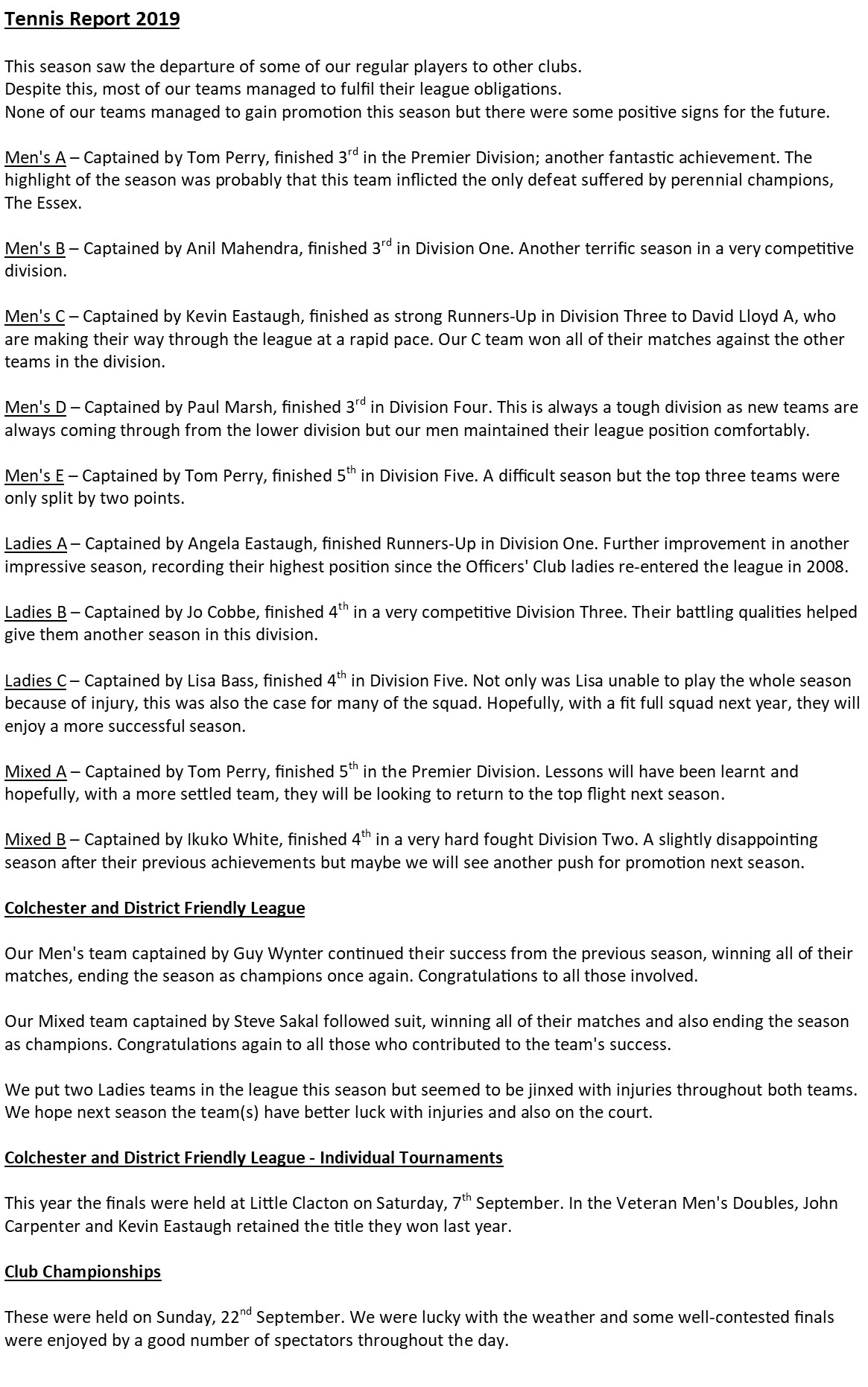 Tennis Report 2019 » The Colchester Officers' ClubThe Colchester ...